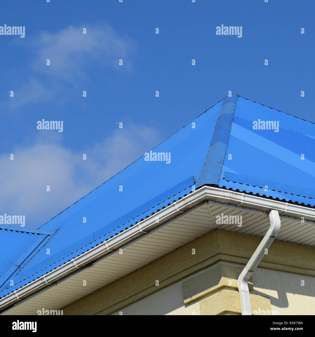 Blue roof metal sheets. Modern types of roofing materials Stock Photo ...