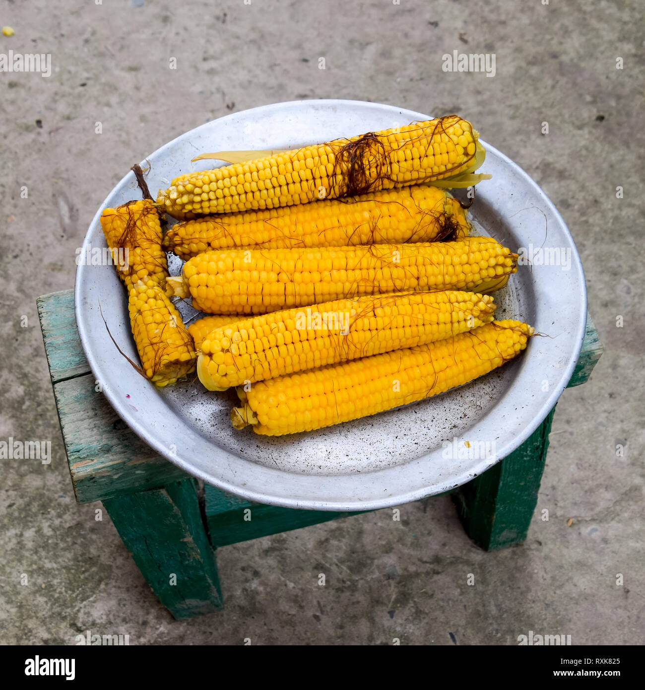 Boiled corn on an aluminum tray. Yellow boiled young corn, useful and ...