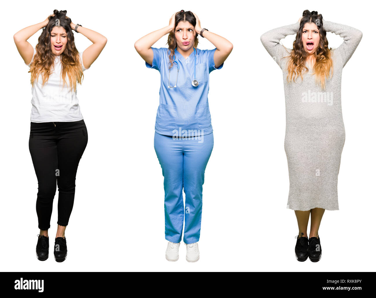 Collage of beautiful young woman over white isolated background Crazy ...