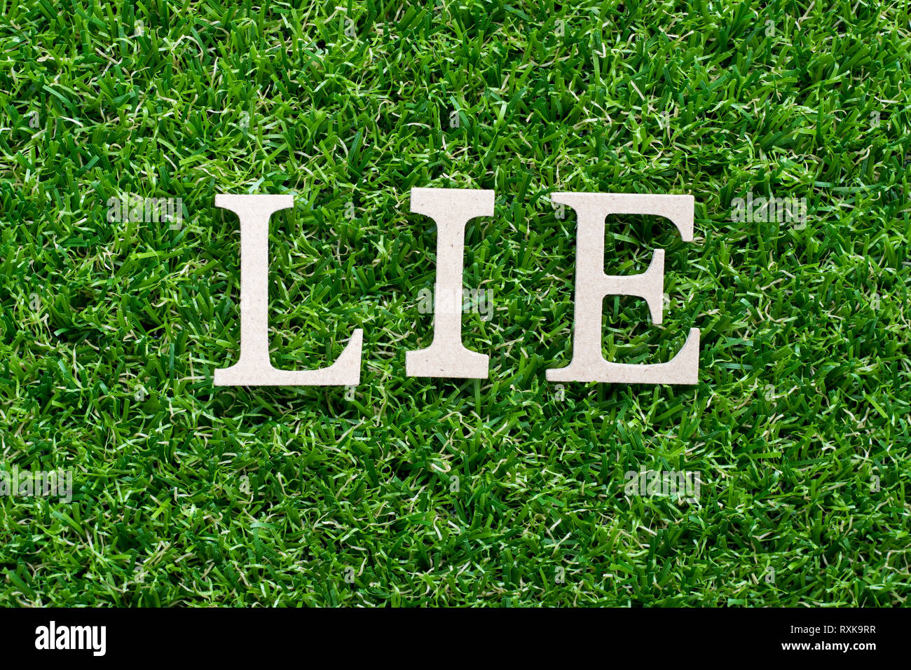 Wood alphabet in word lie on artificial green grass background Stock ...
