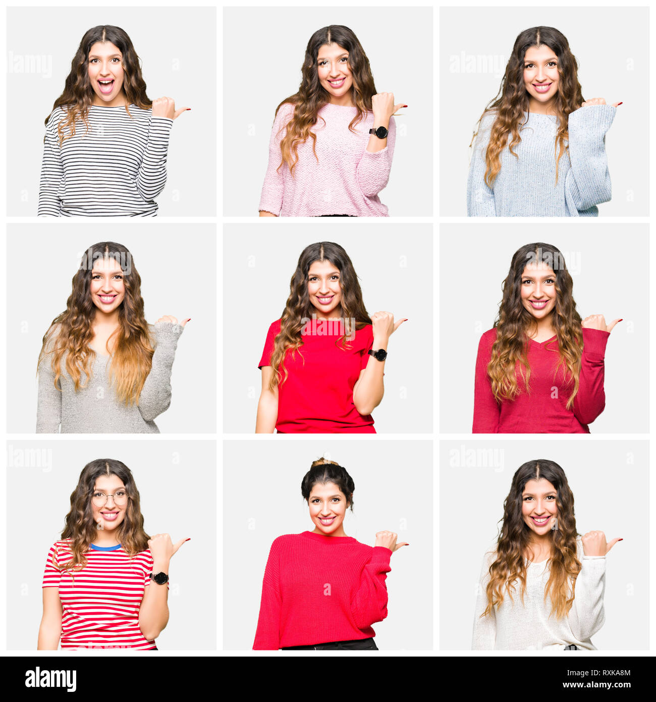 Collage of beautiful young woman wearing different looks over white ...