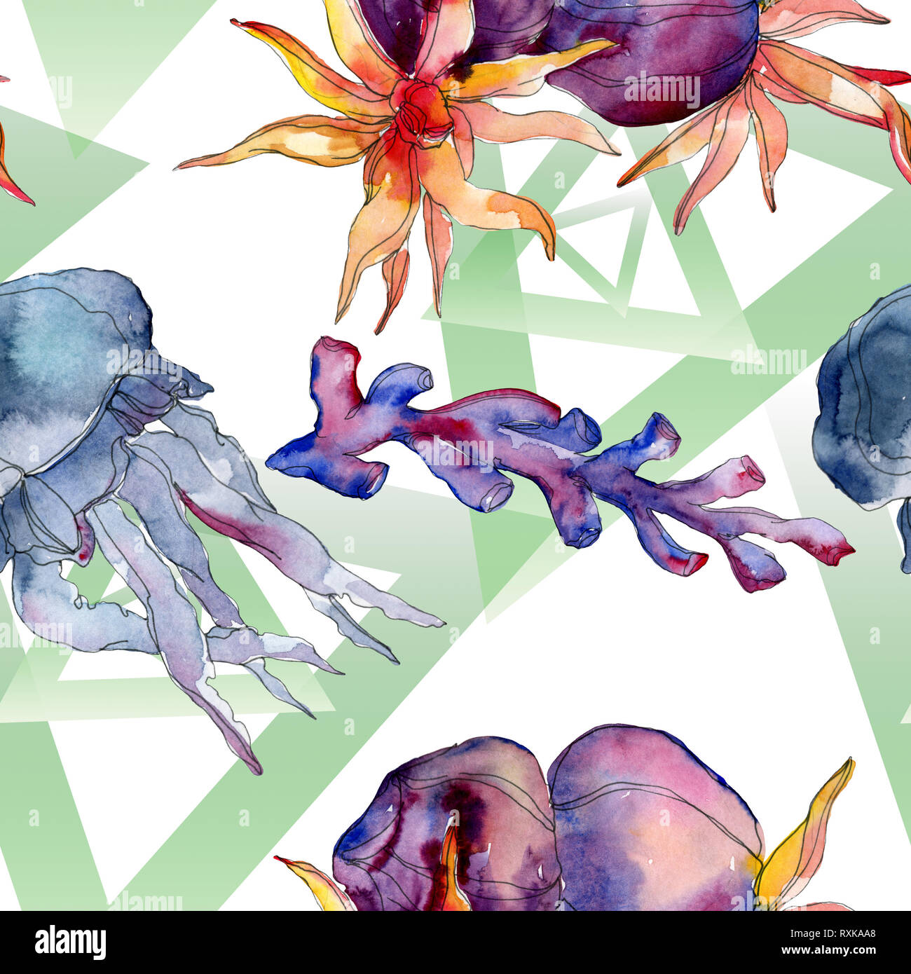 Colorful aquatic underwater nature coral reef. Watercolor background ...