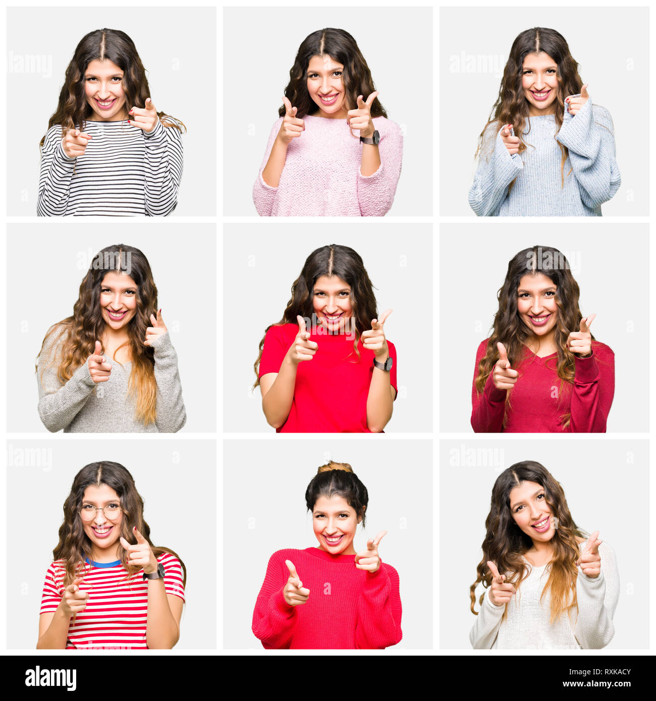 Collage of beautiful young woman wearing different looks over white ...