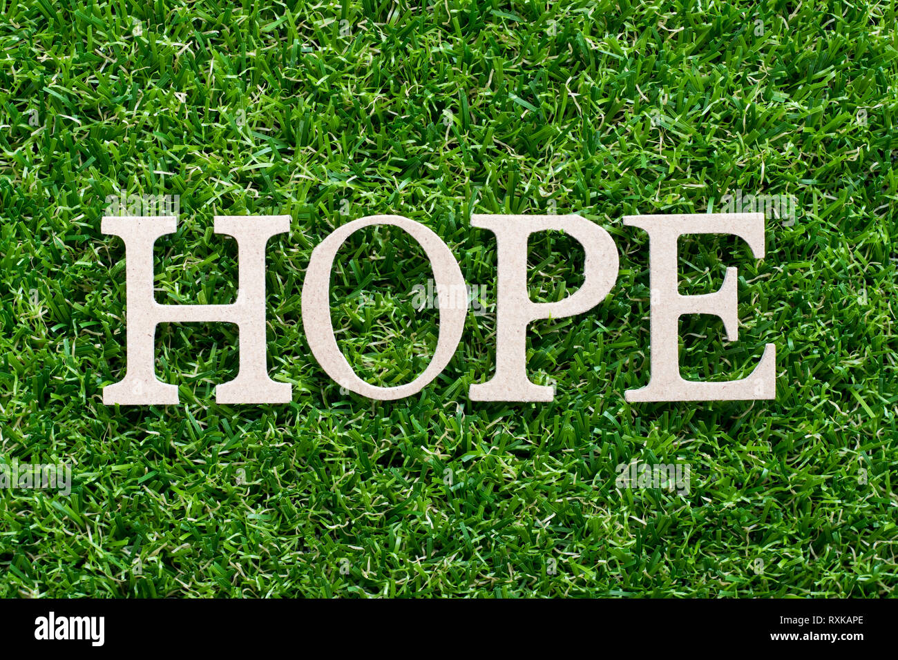 Wood alphabet in word hope on artificial green grass background Stock ...