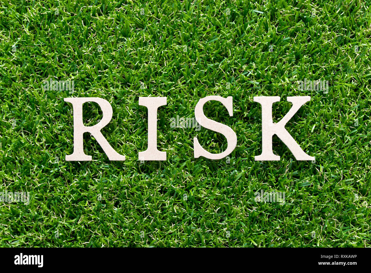 Wood alphabet in word risk on artificial green grass background Stock ...