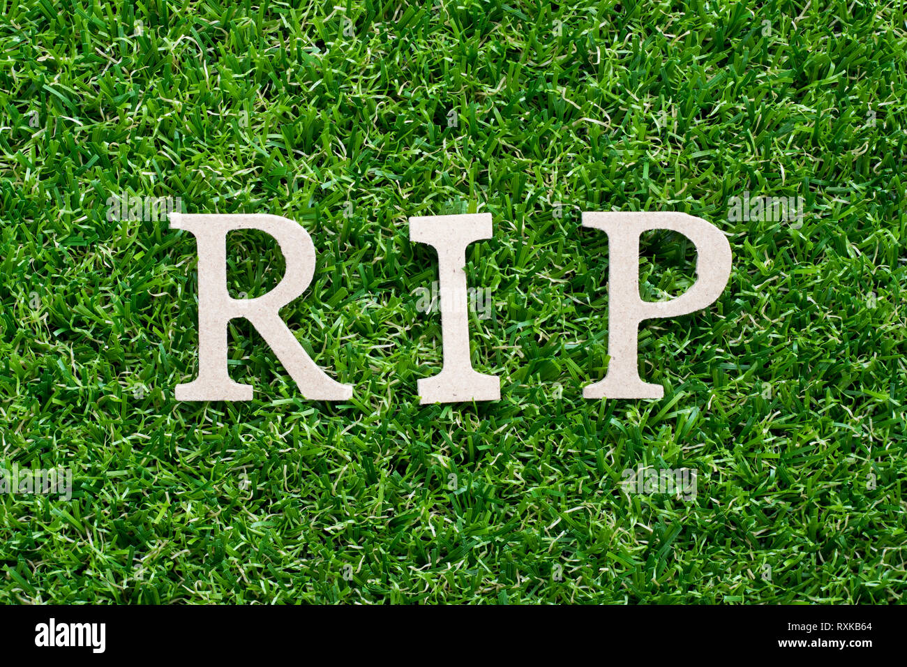 Wood alphabet in word RIP (abbreviation of rest in peace) on artificial ...