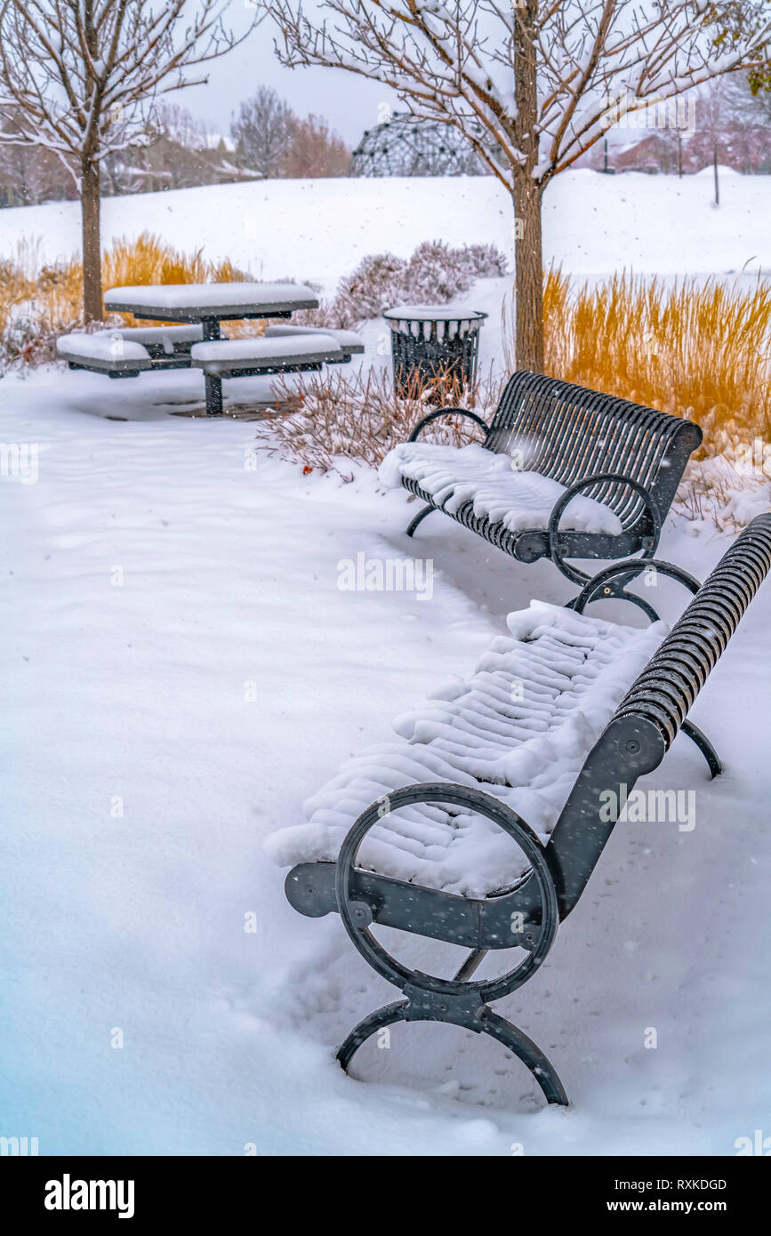 Table and benches on a park covered with snow Stock Photo - Alamy