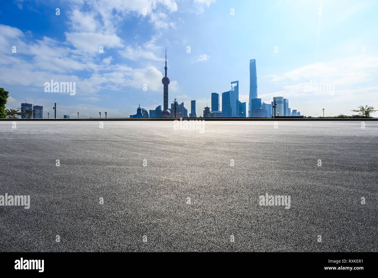 Empty asphalt square ground with panoramic city skyline in Shanghai ...