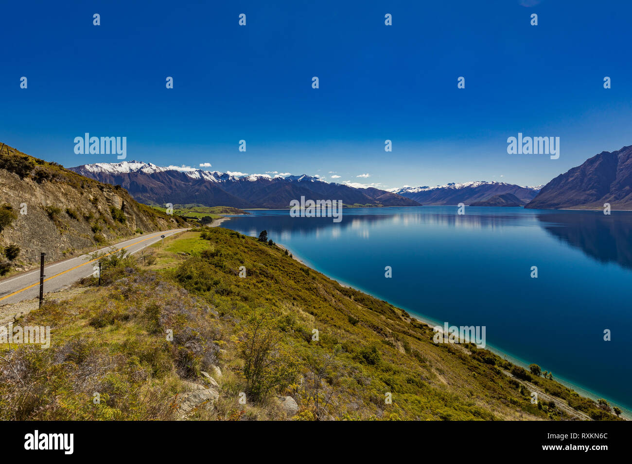Panoramic vibrant photos of Lake Hawea and mountains, South Island, New ...
