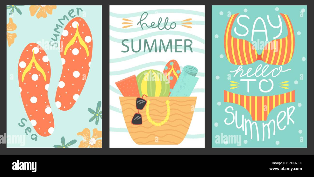 Set of 3 posters of summertime. Vector design concept for summer. Sea ...