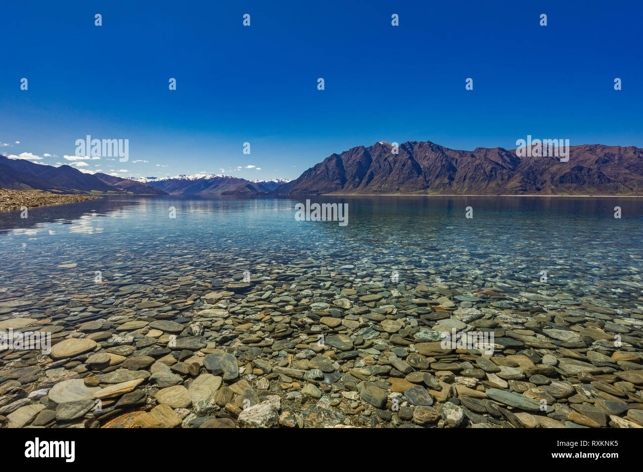 Panoramic vibrant photos of Lake Hawea and mountains, South Island, New ...