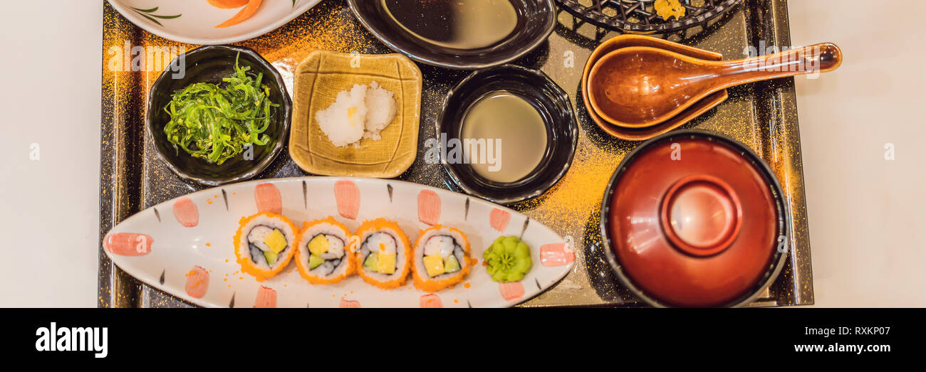 Japanese bento set. Food at a Japanese restaurant. BANNER, LONG FORMAT ...