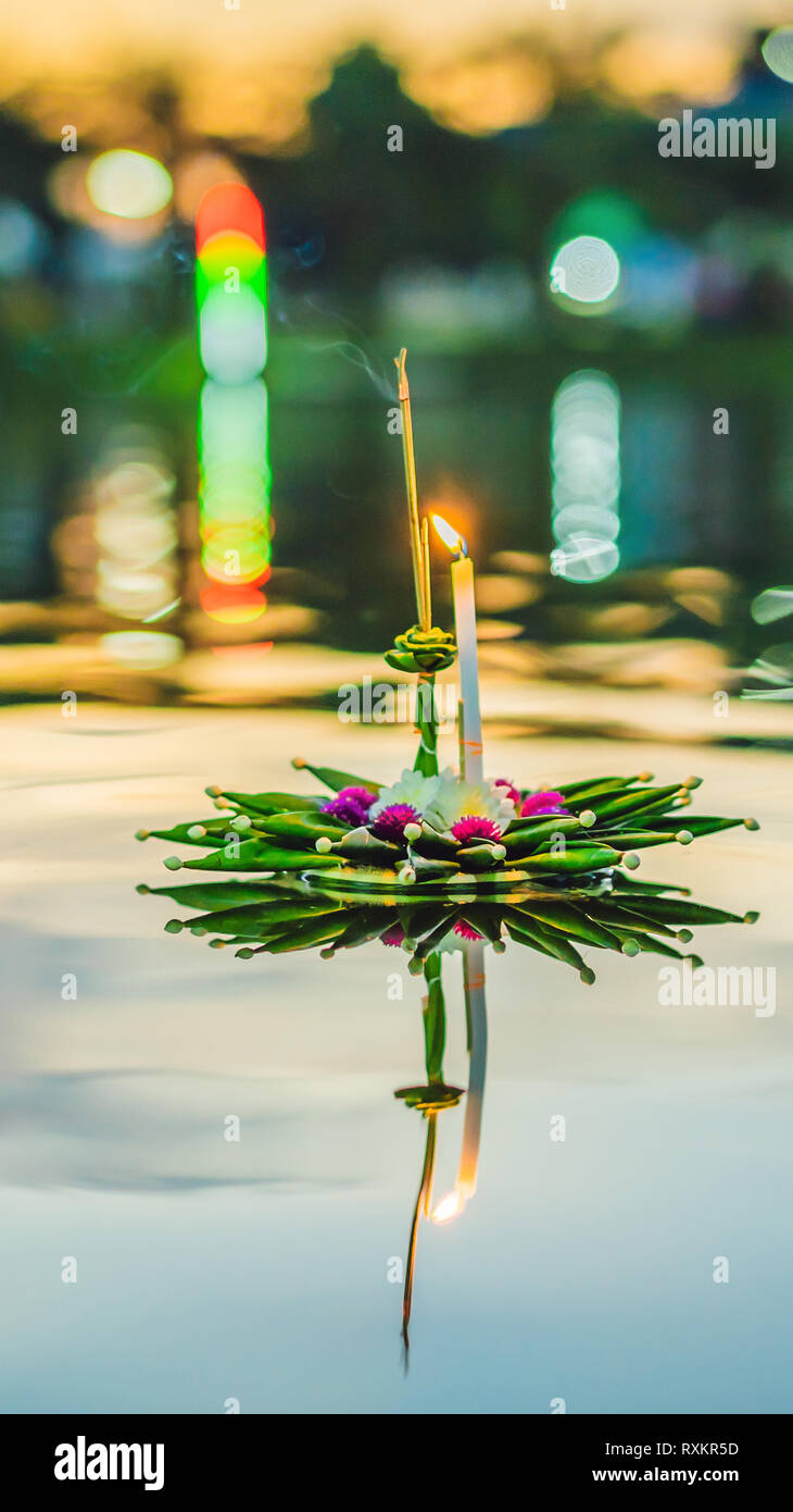 Loy Krathong festival, People buy flowers and candle to light and float ...