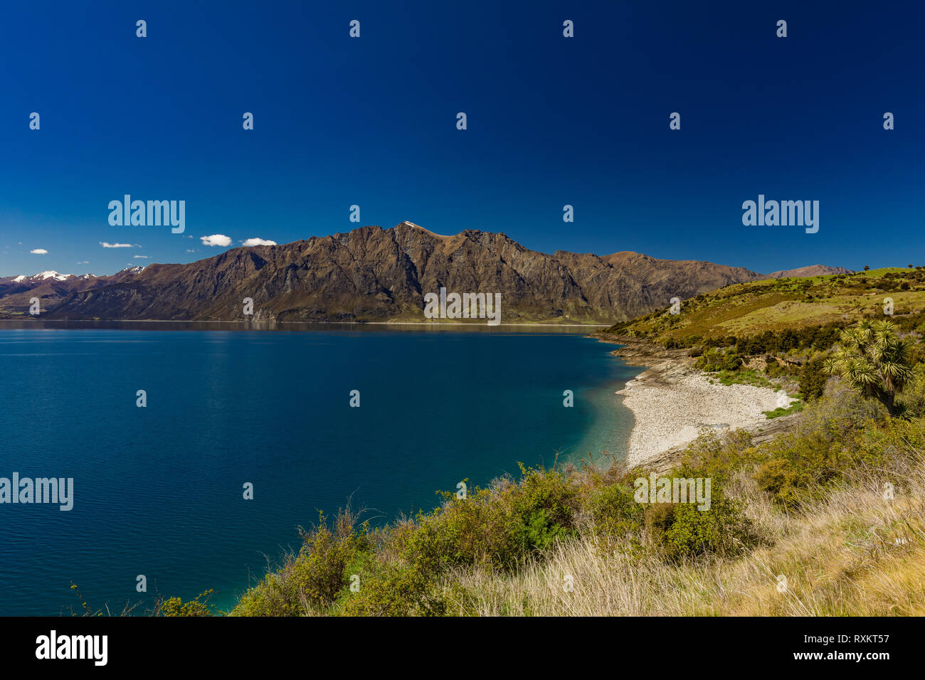 Panoramic vibrant photos of Lake Hawea and mountains, South Island, New ...