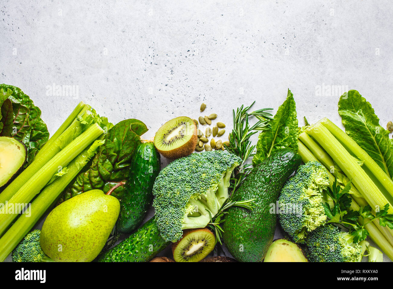 Green food background. Healthy green vegetables and fruits, top view ...