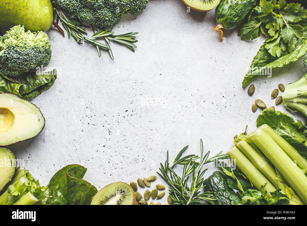 Green food background. Healthy green vegetables and fruits, top view ...