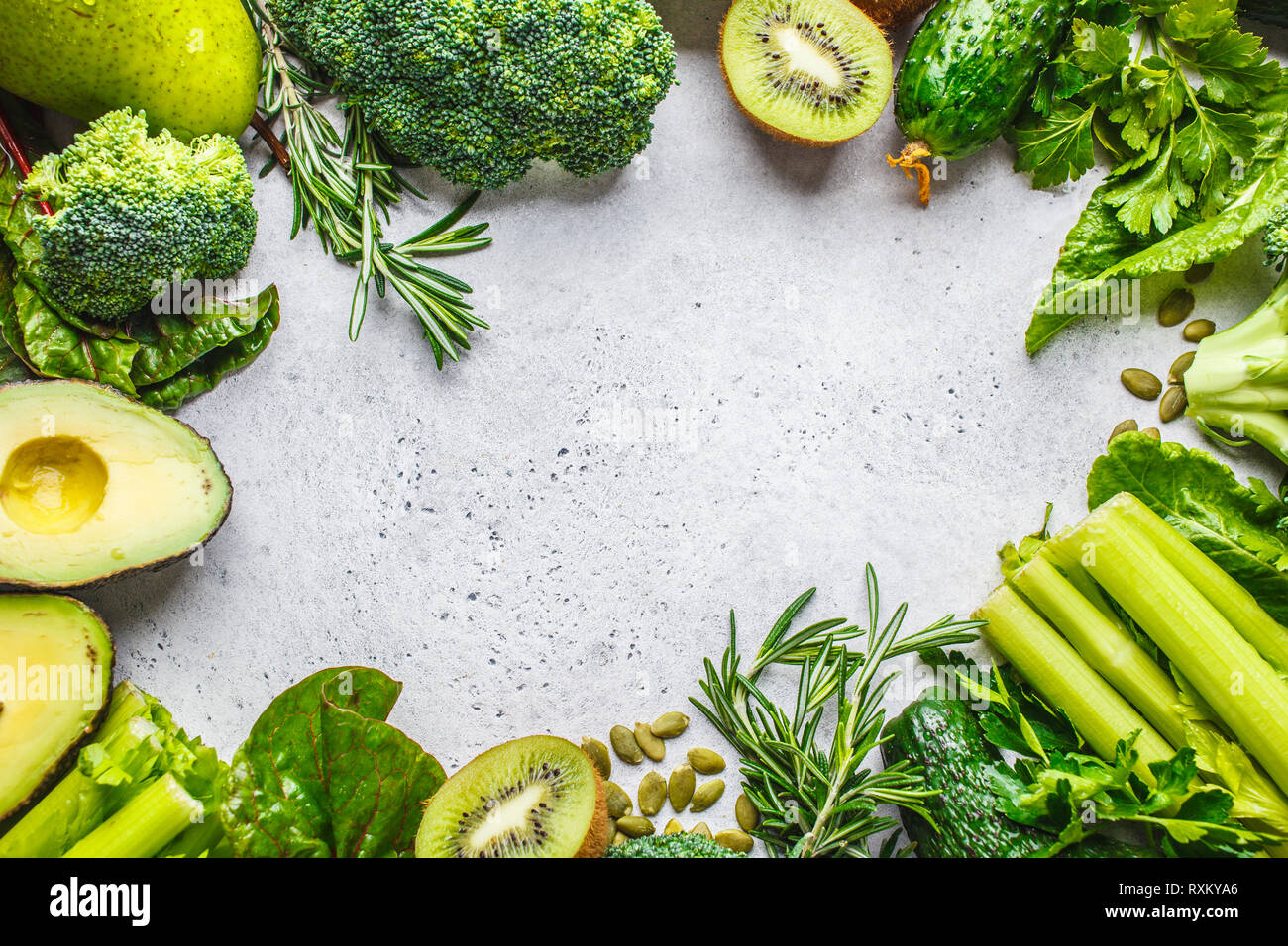 Green food background. Healthy green vegetables and fruits, top view ...
