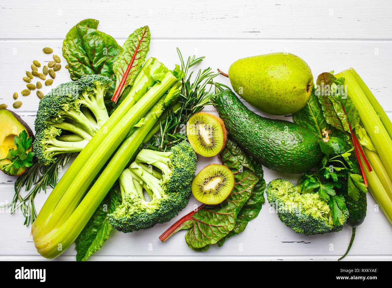 Green food background. Healthy green vegetables and fruits, top view ...