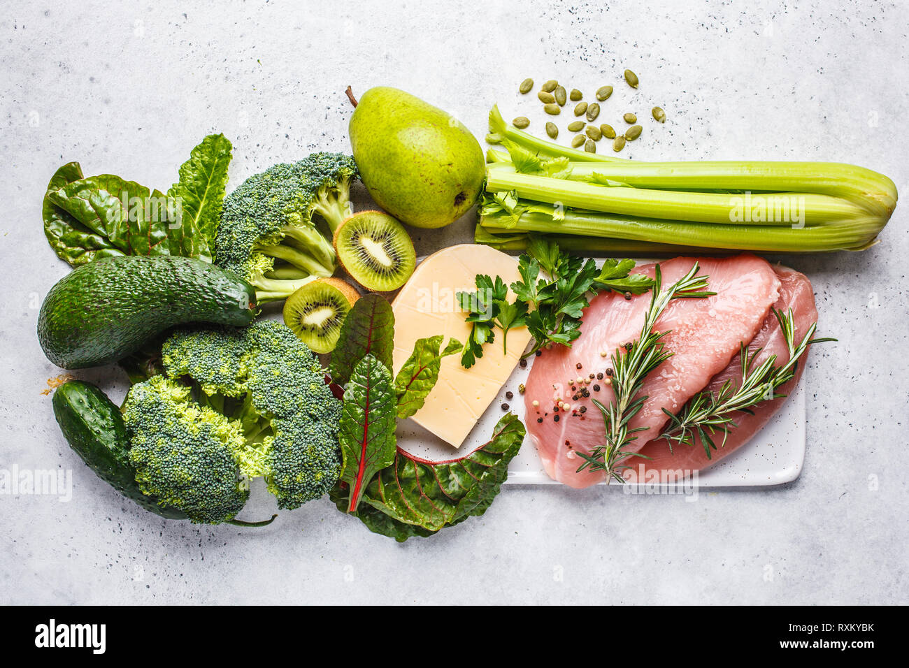 Flexitarian diet background concept, top view. Vegetables, fruits, meat ...