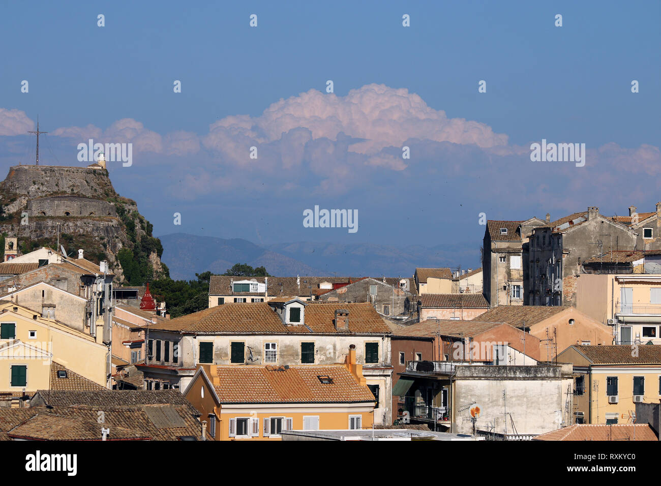 Old fortress and buildings landmark Corfu town cityscape Greece Stock ...