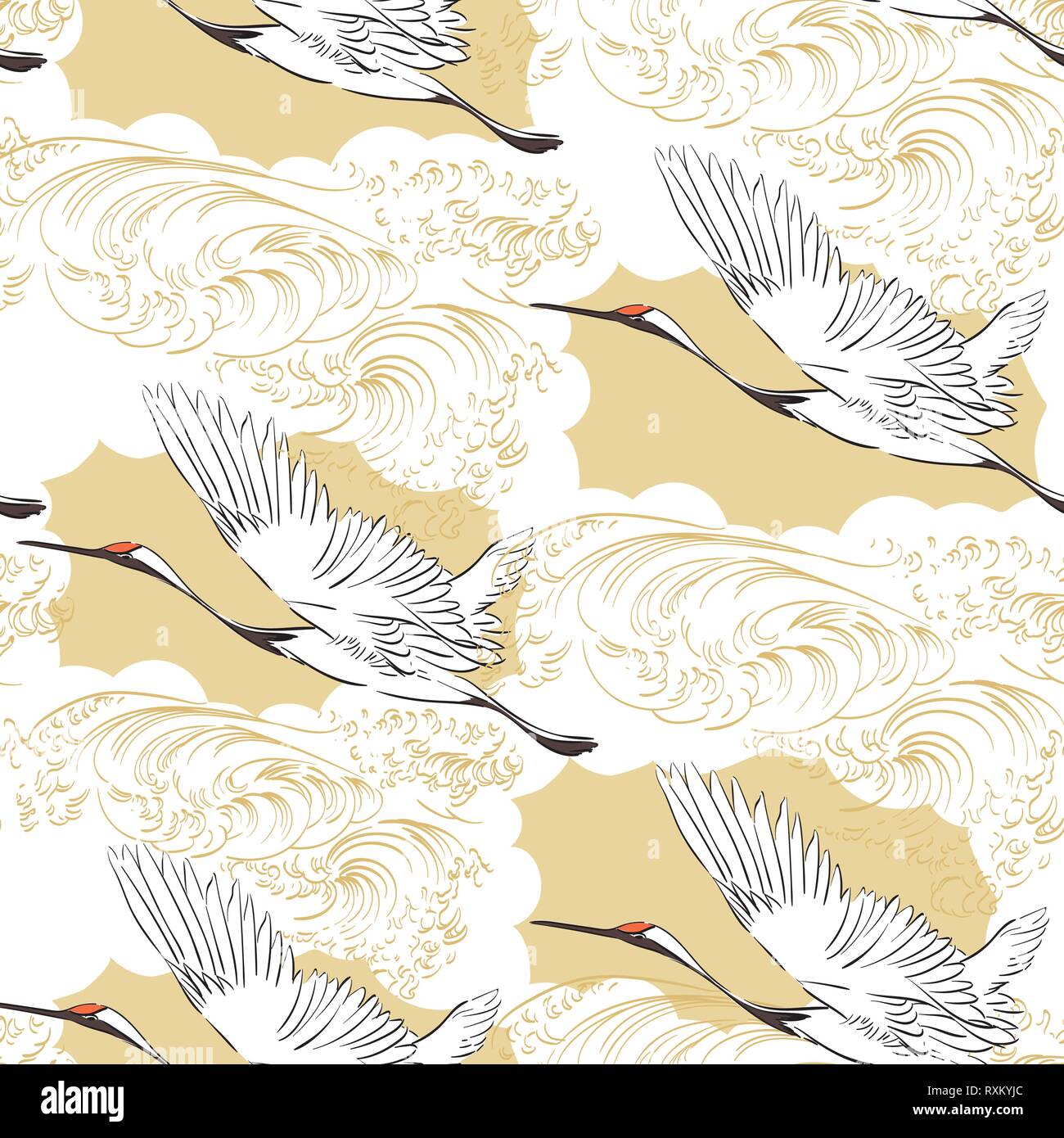 Crane bird elements with hand drawn wave pattern vector. Gold natural ...