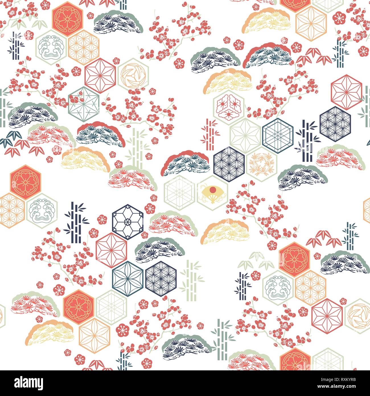 Japanese pattern vector. Red flower , Bamboo, Pine tree elements ...