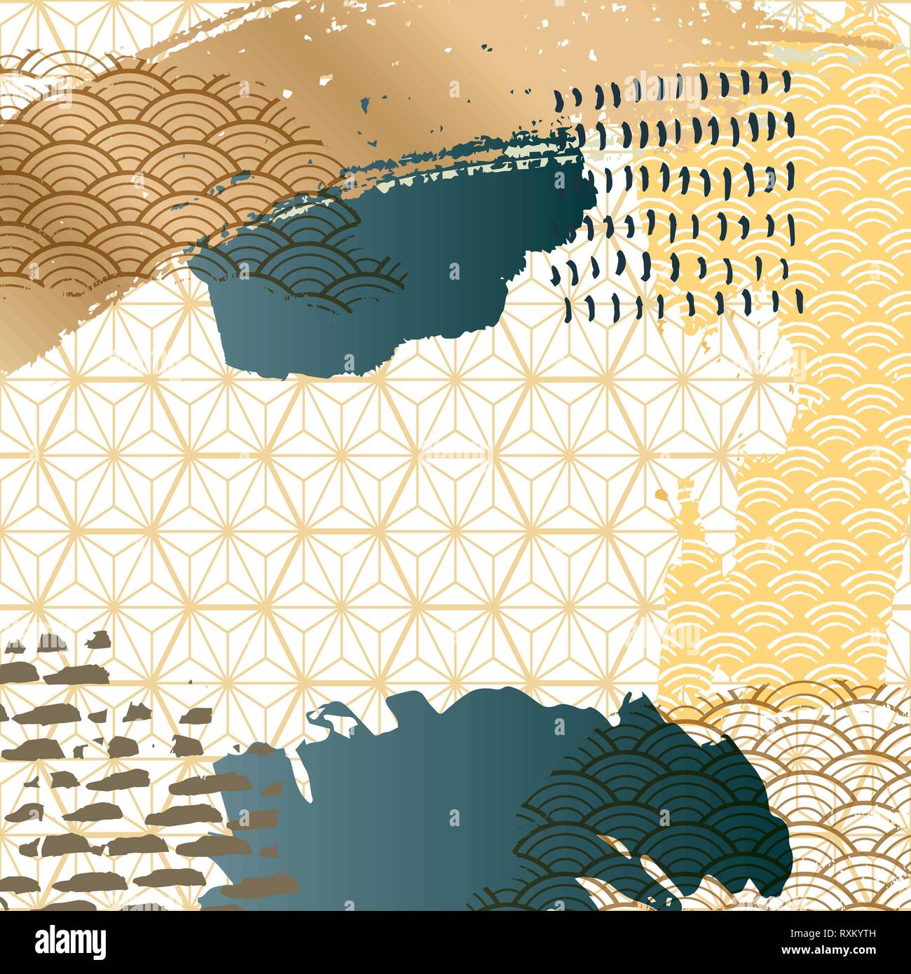 Abstract brush stoke background with Japanese pattern vector. Gold and ...