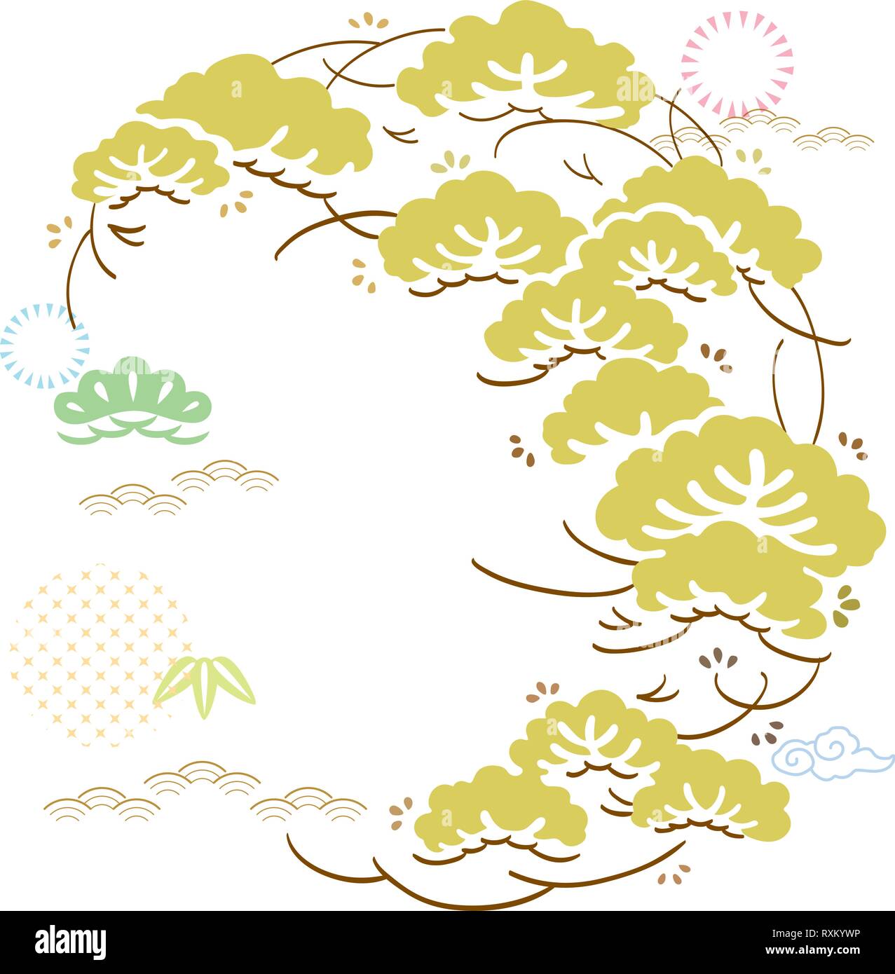 Asian tree vector. Pine tree and Japanese icons template. Wave, bamboo ...