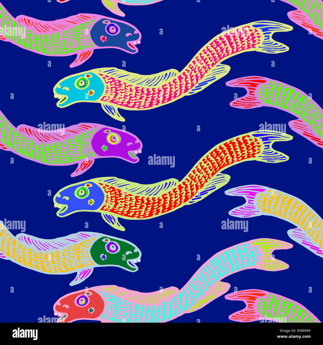 Funny colorful eel fishes, hand drawn doodle, sketch in naïve, pop art ...