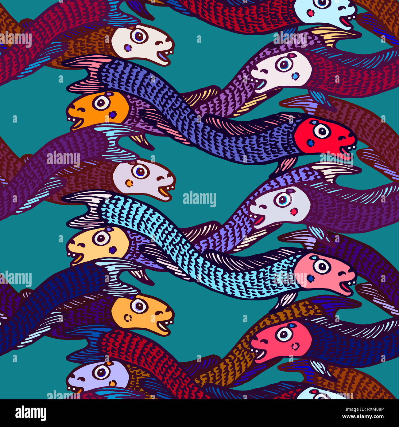 Funny colorful eel fishes, hand drawn doodle, sketch in naïve, pop art ...