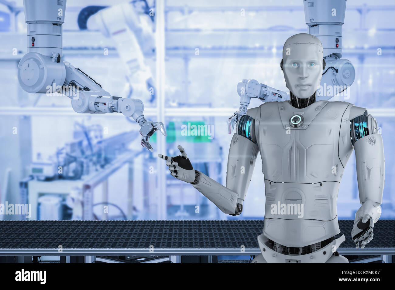 Automation factory concept with 3d rendering cyborg in factory Stock ...