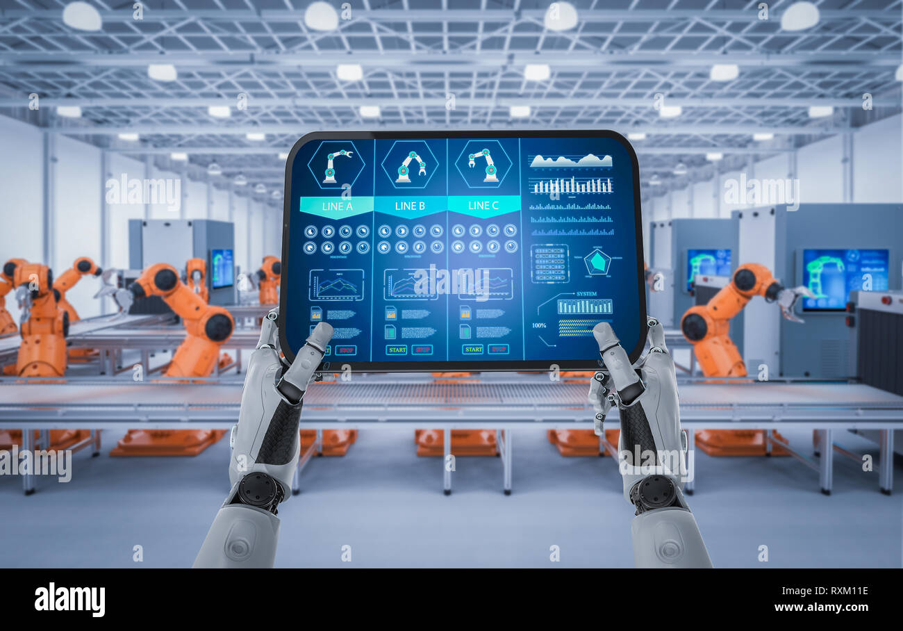 Automation factory concept with 3d rendering cyborg in factory Stock ...