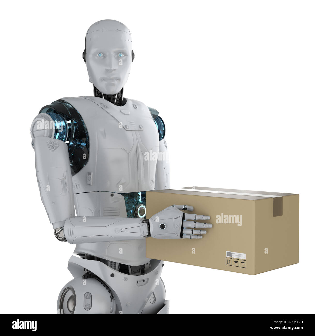 3d rendering cyborg hold cardboard box isolated on white Stock Photo ...