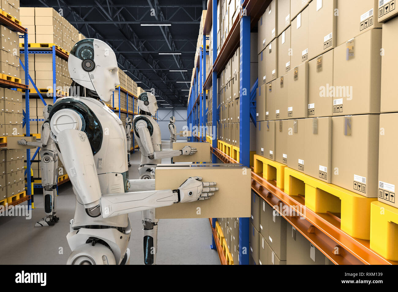 Automation warehouse concept with 3d rendering cyborg work in warehouse ...