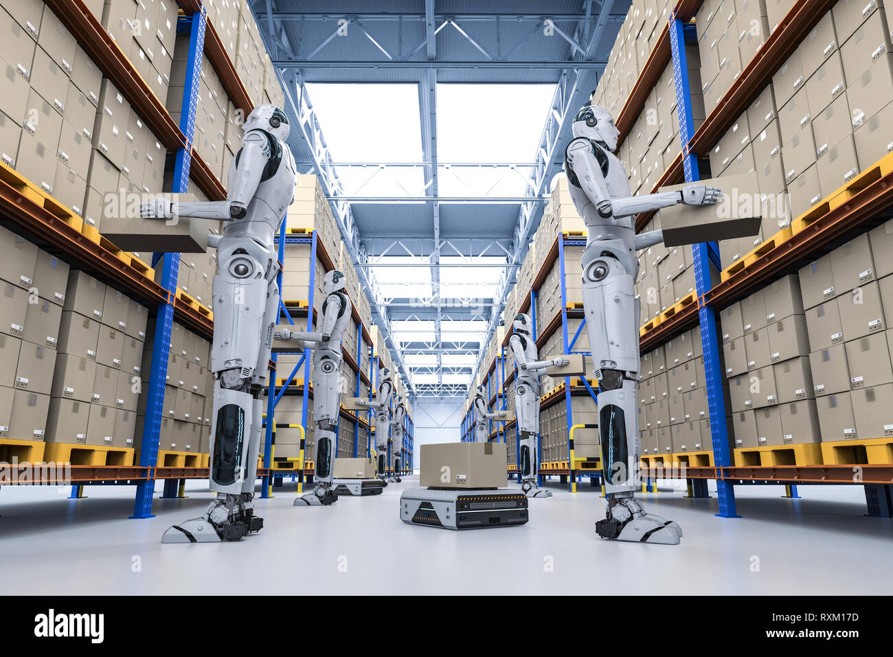 Automation warehouse concept with 3d rendering cyborg work in warehouse ...