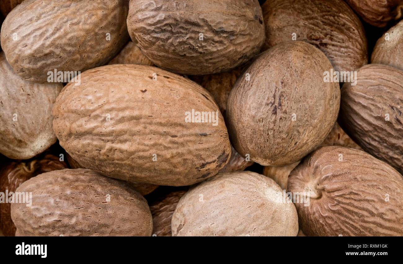 nutmeg whole background. Natural seasoning texture. Natural spices and ...