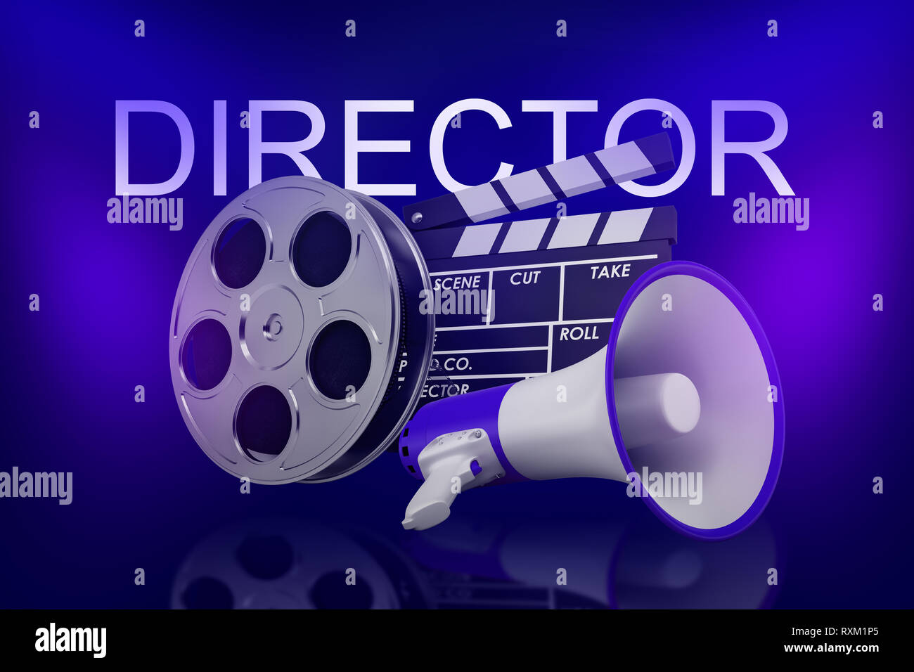 3d rendering of movie clapper, film reel and megaphone with DIRECTOR ...