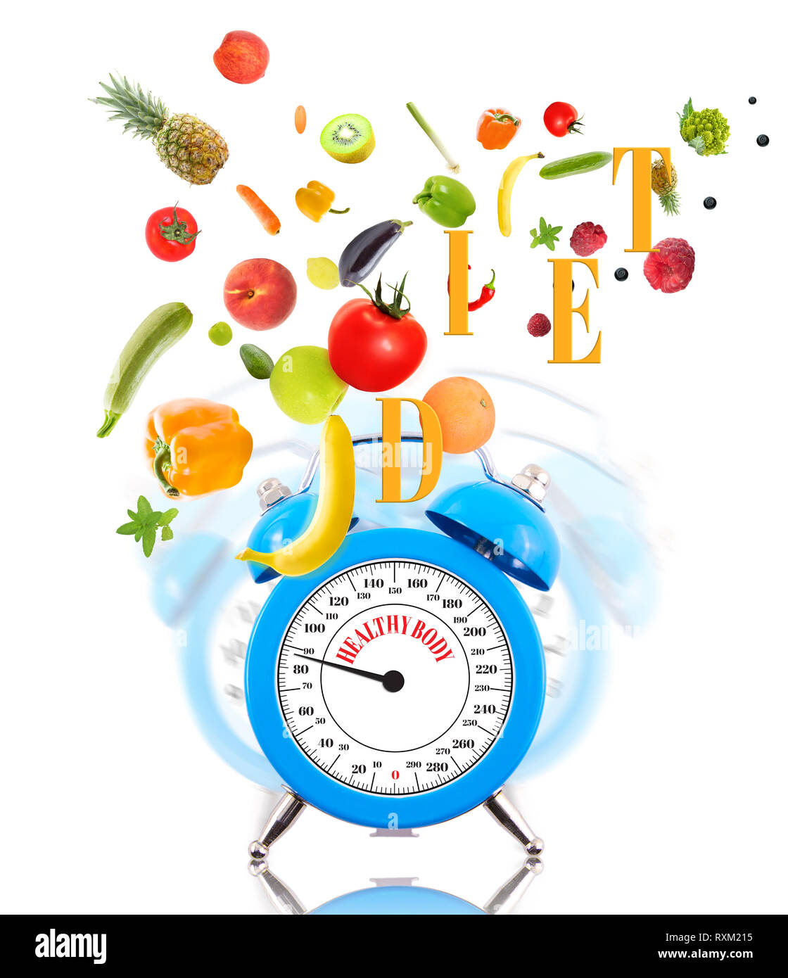 Diet concept with clock, scale dial, fruits and vegetables Stock Photo ...