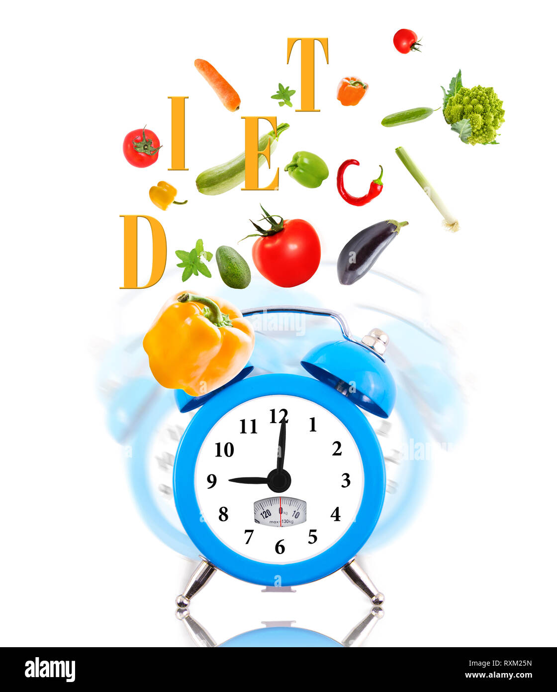 Diet concept with clock, scale dial and vegetables Stock Photo - Alamy