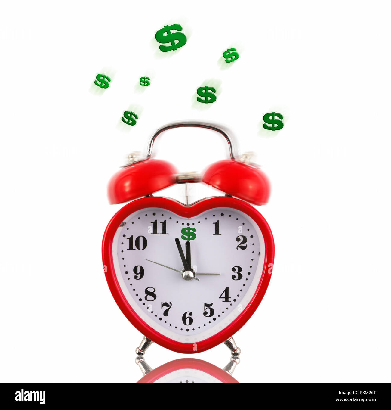 Red heart alarm clock with dollar signs ringing isolated Stock Photo ...