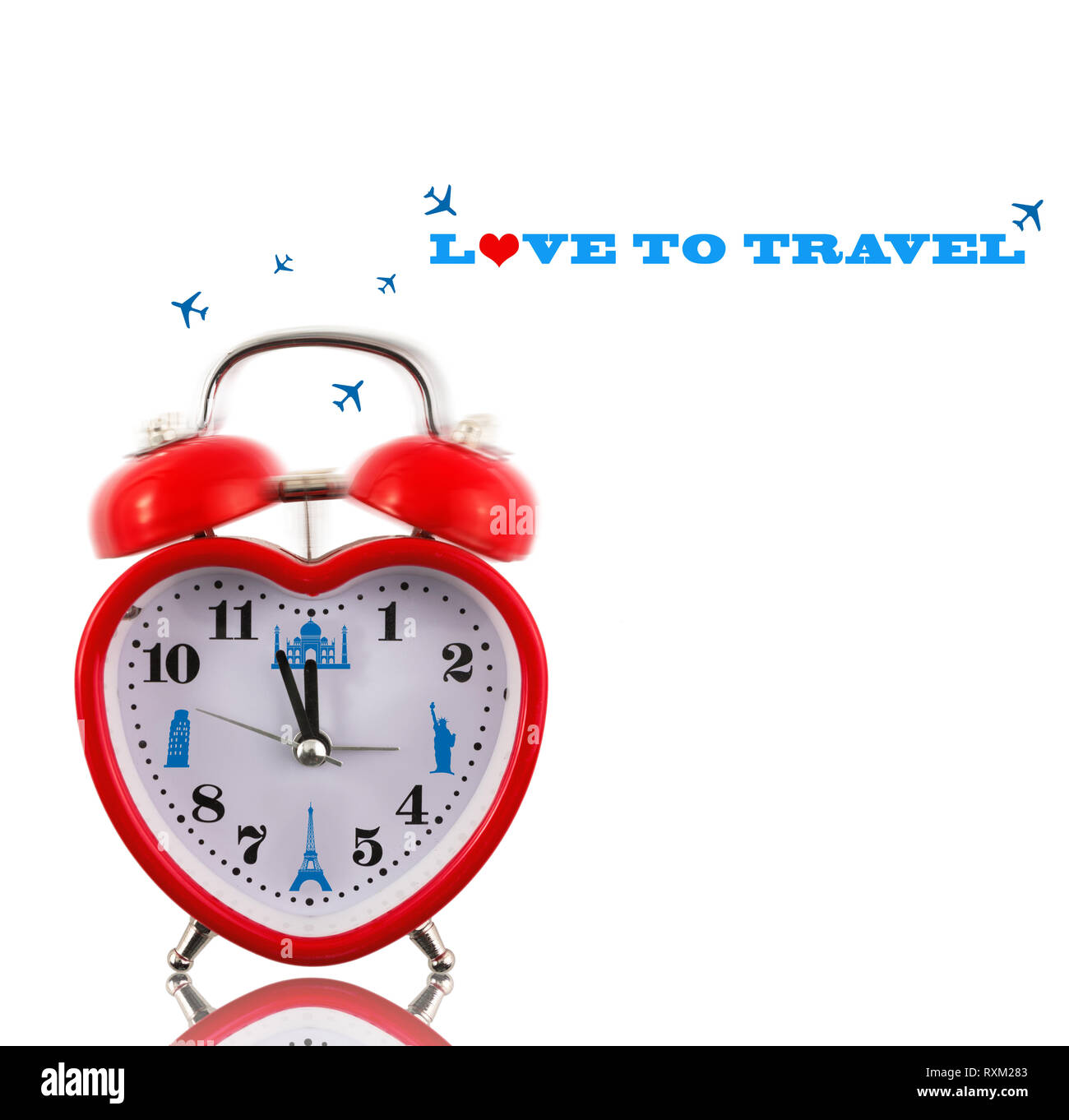 Love to travel! Heart clock with landmarks isolated Stock Photo - Alamy