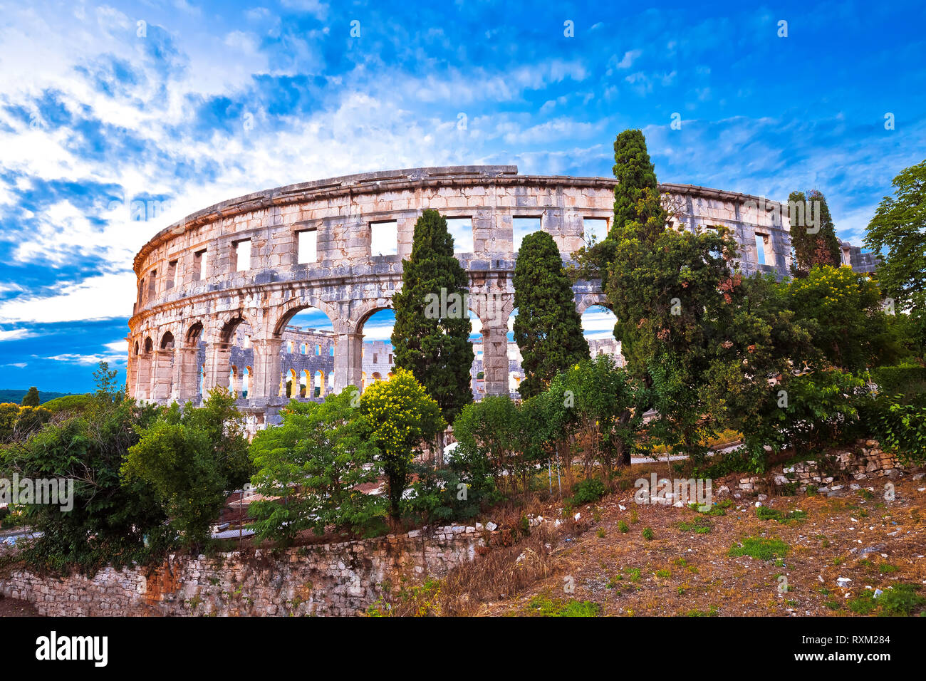 Arena Pula historic Roman amphitheater panoramc green landscape view ...
