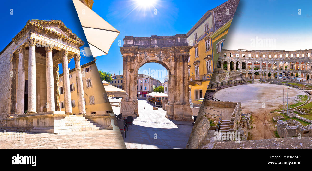 Town of Pula historic Roman landmarks panoramic collage tourist ...