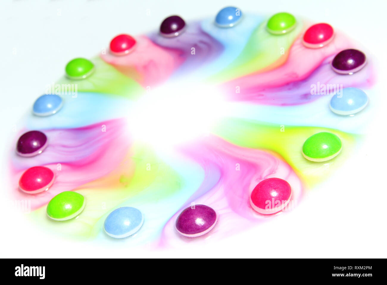 The candies are dissolving in the water and are making a colorful show ...