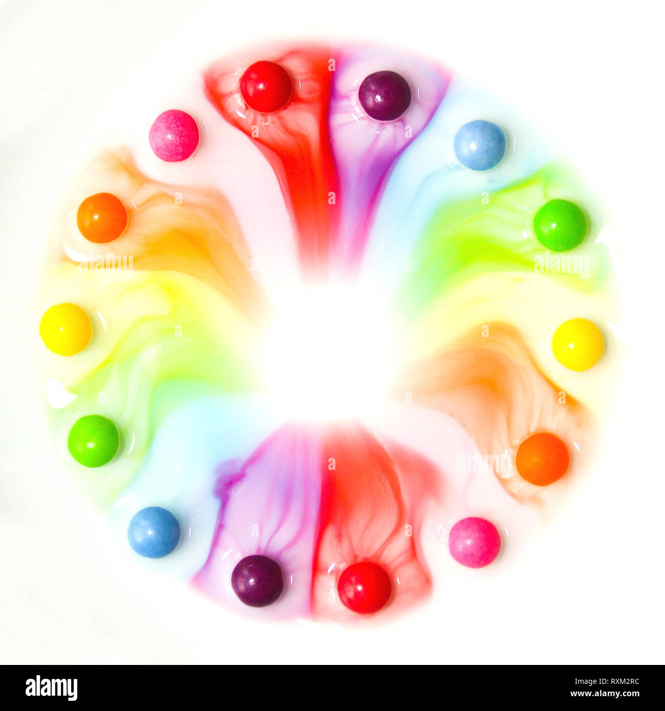 The candies are dissolving in the water and are making a colorful show ...