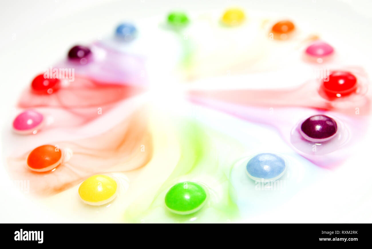 The candies are dissolving in the water and are making a colorful show ...