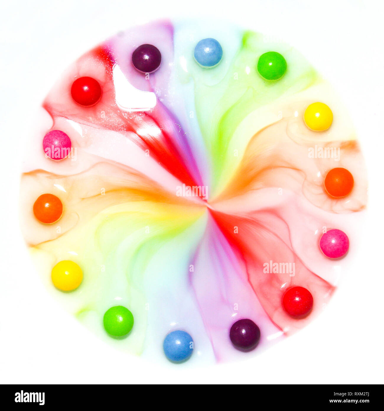 The candies are dissolving in the water and are making a colorful show ...