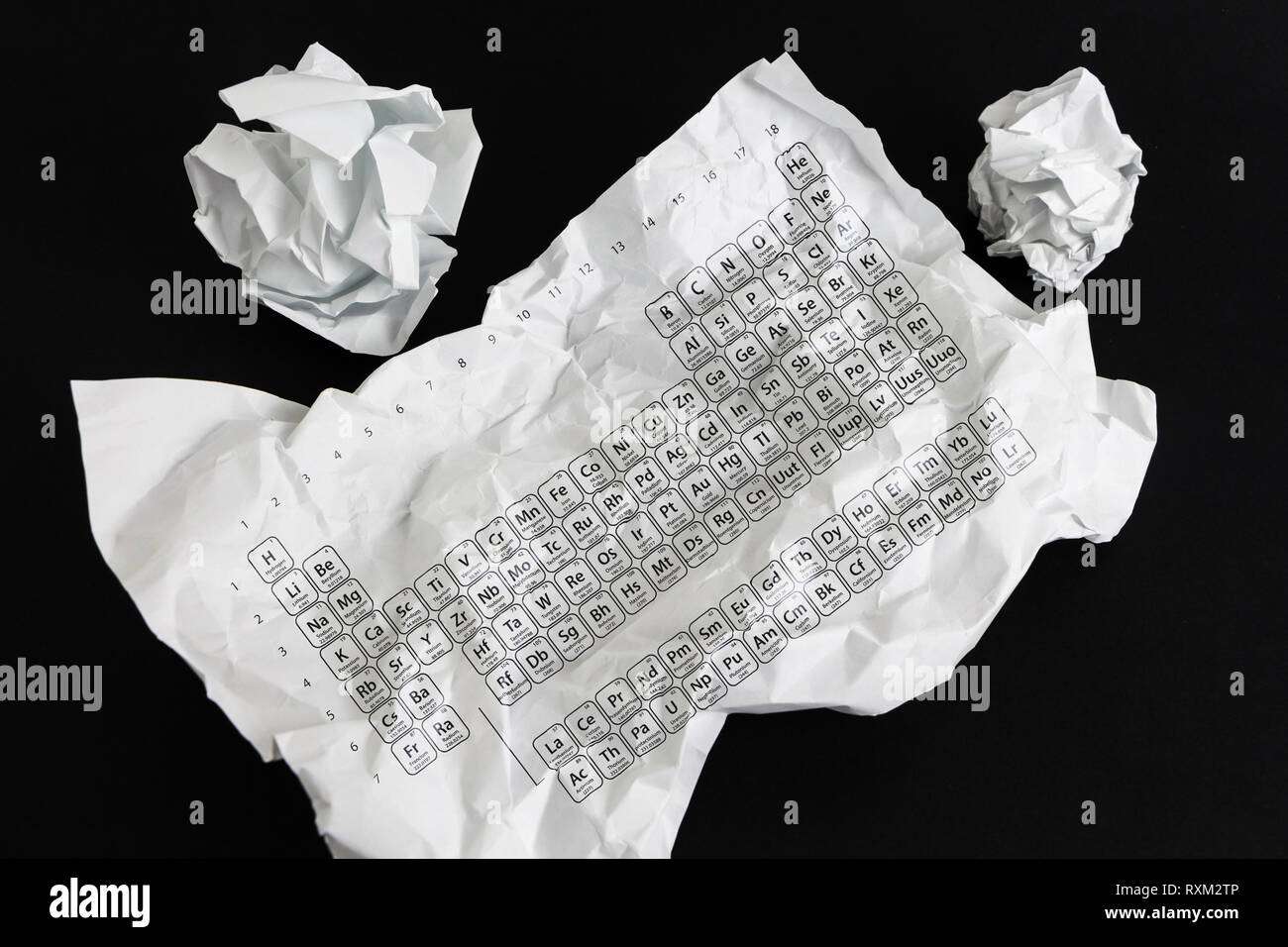 Crumpled paper sheet with Periodic Table isolated on black Stock Photo ...