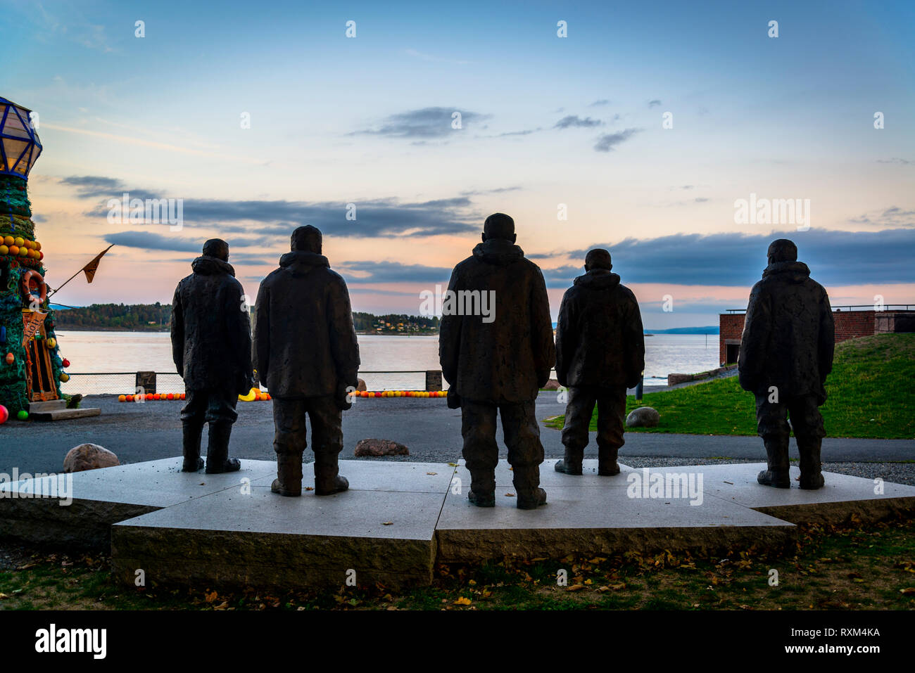 Sculptures of maritime explorers facing the Oslofjord near Norwegian ...
