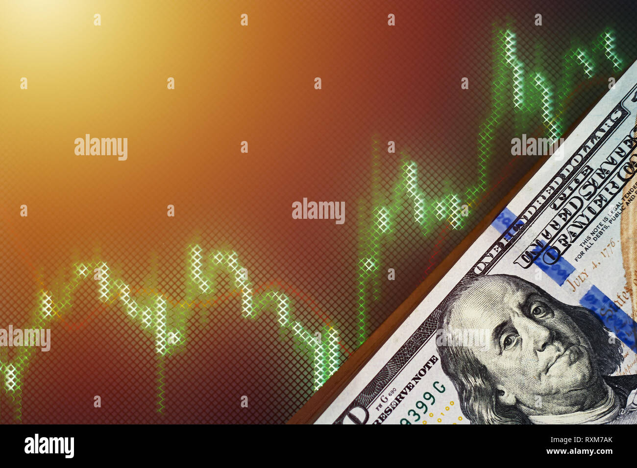 US dollar bills on background with dynamics of exchange rates. Trading ...